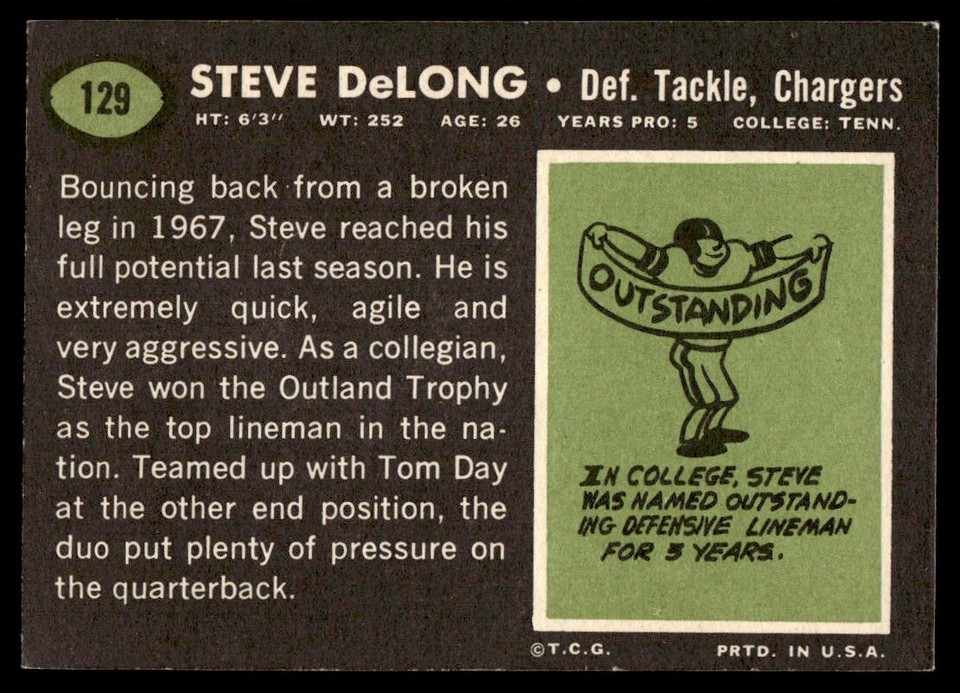 1969 Topps Football Card Steve DeLong San Diego Chargers #129 EX-MT+ | eBay