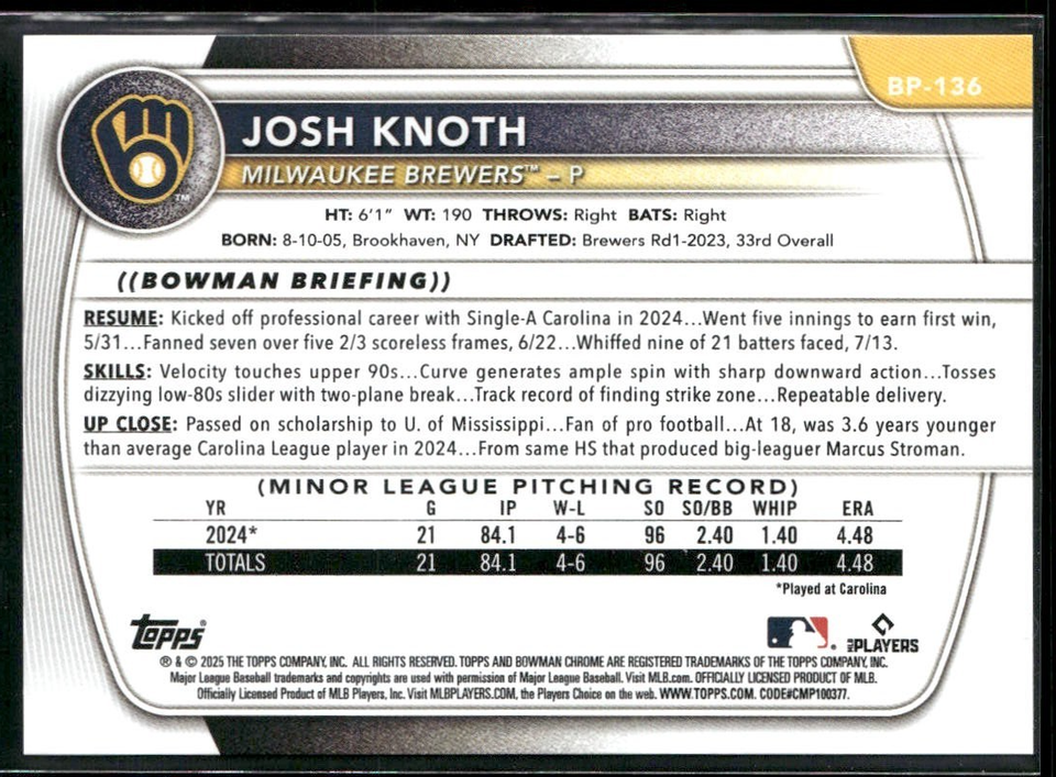⚾️ 2025 Josh Knoth 1st RC Milwaukee Brewers Topps Bowman #BP-136 MLB | eBay