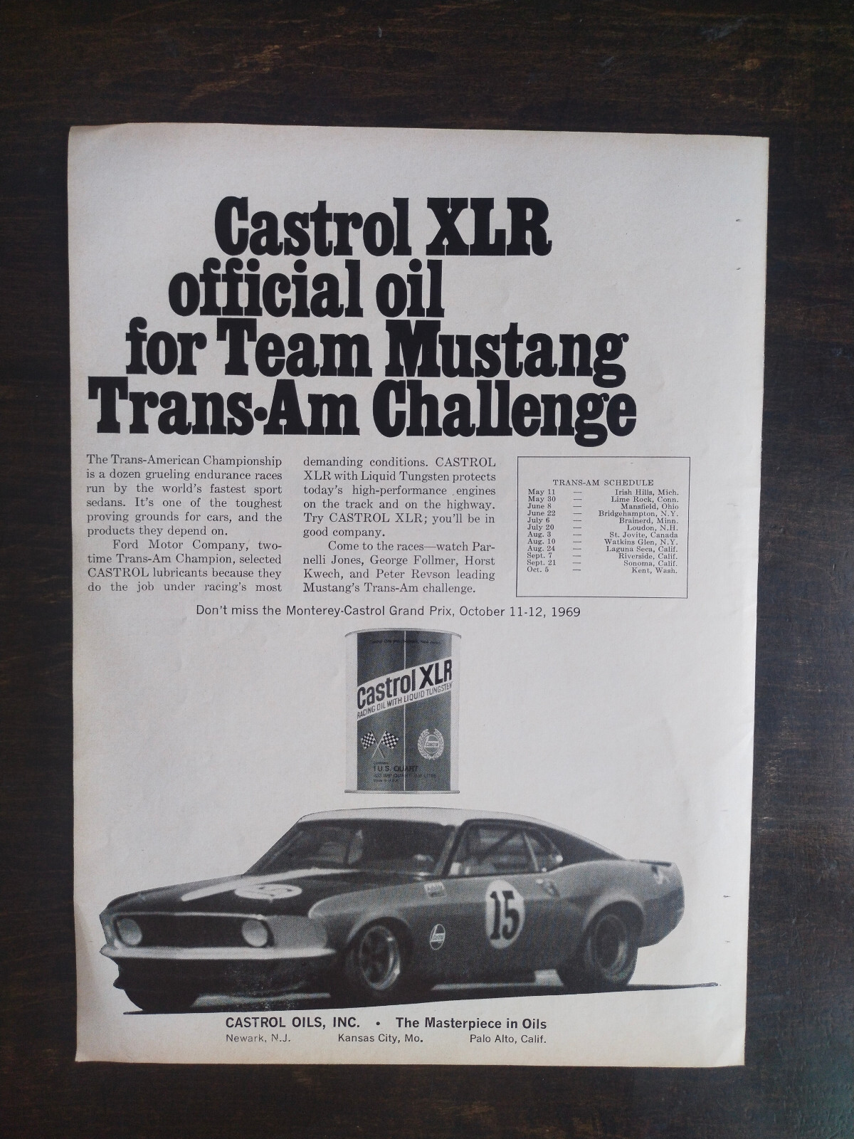 Vintage 1969 Castrol XLR Racing Oil Ford Trans-Am Full Page Original Ad ...