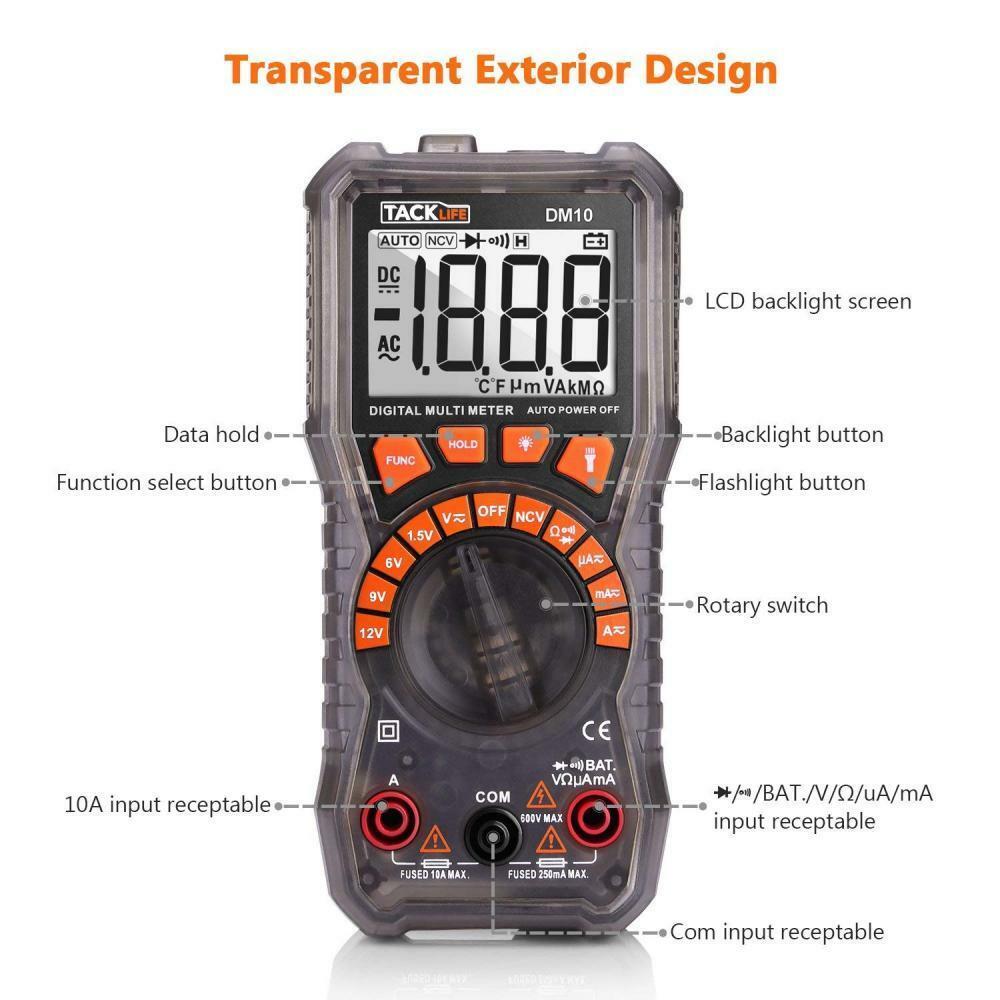 Tacklife Multimeter DM10 Electrical Tester Auto-ranging Amp Volt Ohm ...