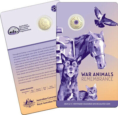 War Animals Remembrance 2024 $2 C Mintmark Coloured Uncirculated Purple ...