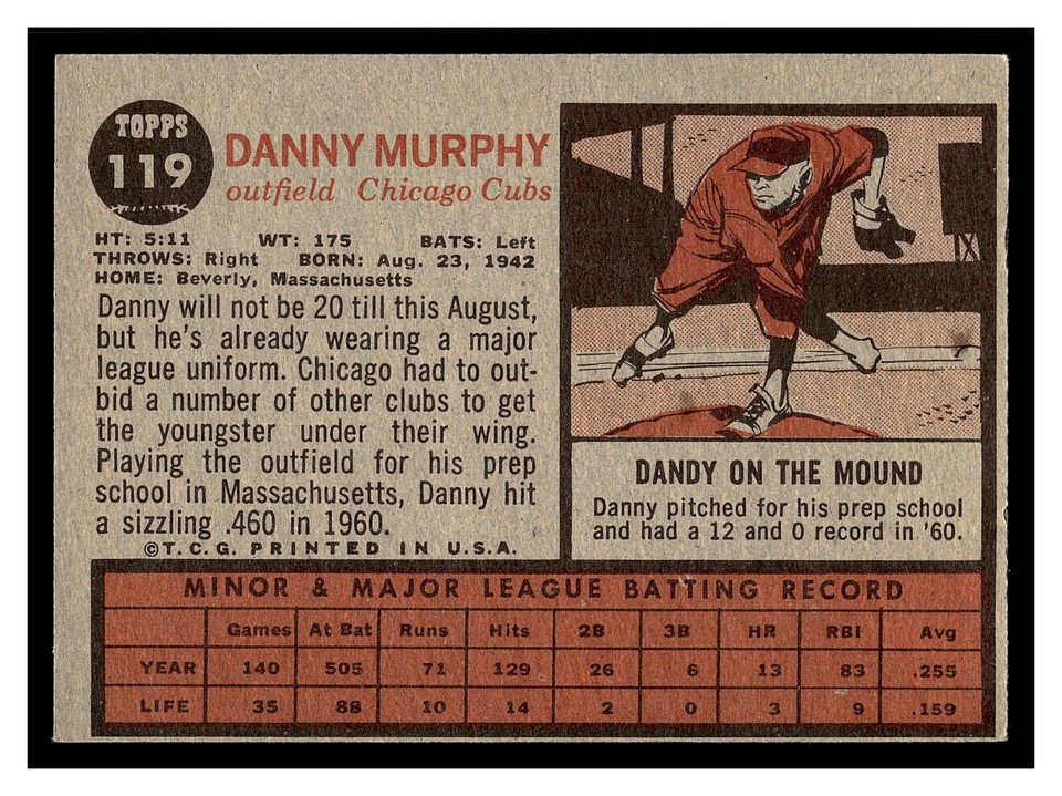 1962 TOPPS BASEBALL DANNY MURPHY #119 ROOKIE STAR CUBS HIGHER GRADE NO ...