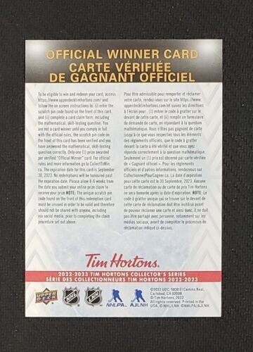 2022-23 TIM HORTONS NHL SIGNATURE OFFICIAL WINNER CARD REDEMPTION ...
