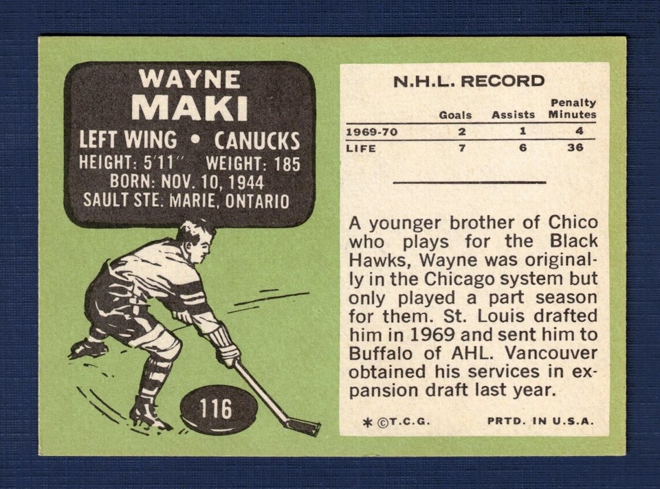 1970-71 Topps Wayne Maki #116 Vancouver Canucks EX | eBay