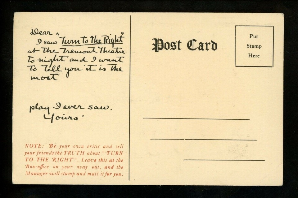Movie / TV Star Cinema postcard Turn to the Right Tremont Theatre ...