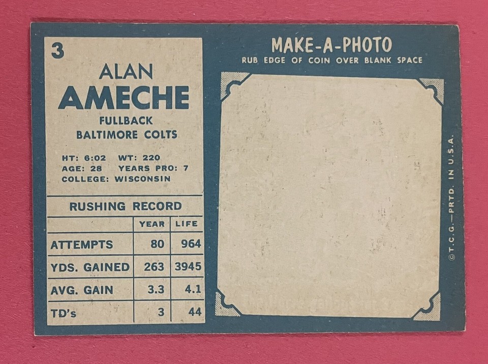 1961 TOPPS #3 ALAN AMECHE BALTIMORE COLTS HOF CARD VG U108 | eBay