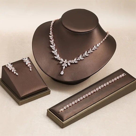 Rose Gold Crystal Rhinestone Necklace Set, 3 PCS 18k Cubic Zirconia ...