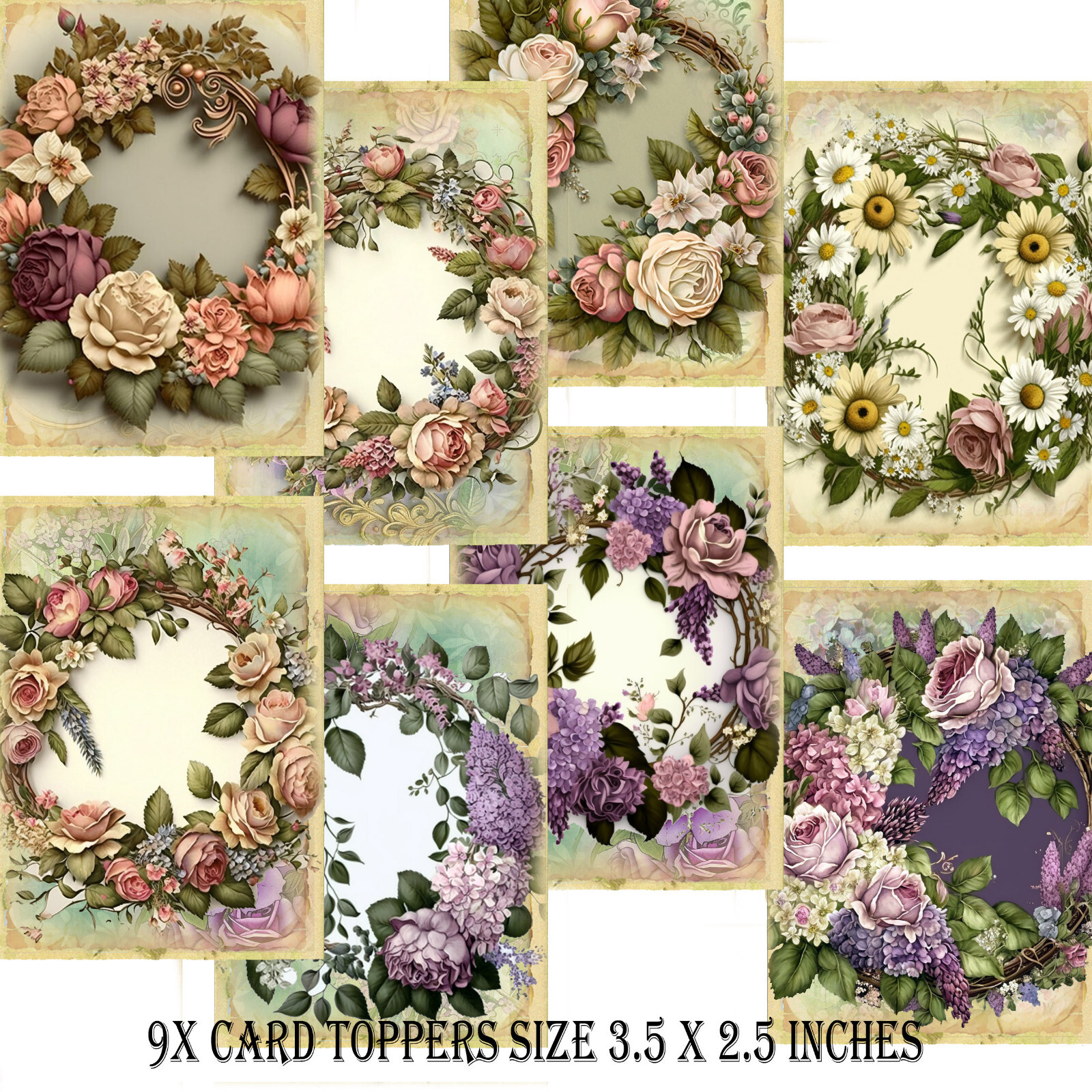 Card Toppers x 9 Flower Wreaths Card Making Ephemera Scrapbooking Paper ...