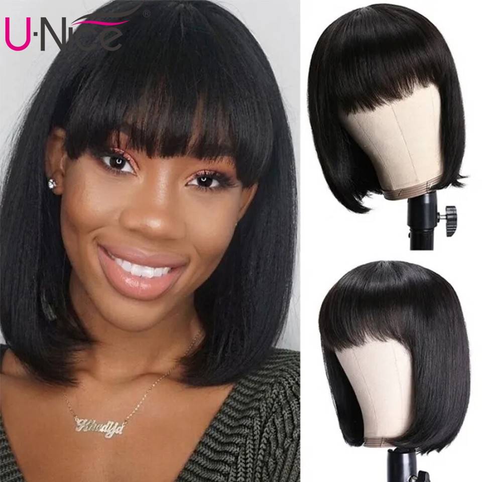 UNice Peruvian Short Bob Straight Human Hair Wigs with Bangs 10" 150% ...