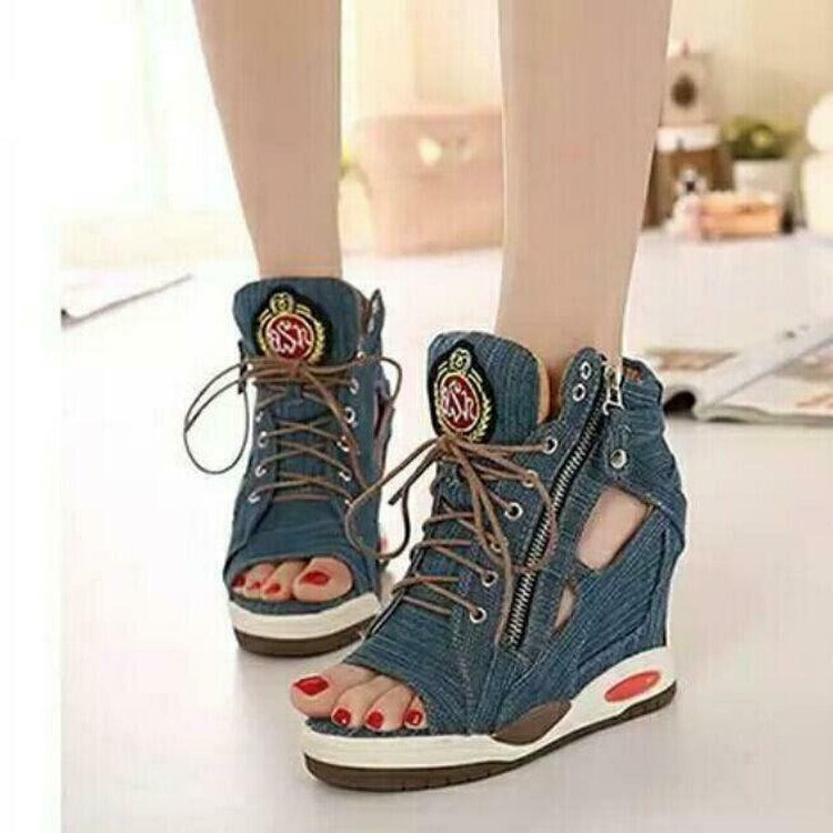 Women Open Toe High Top Wedge Denim Sneakers Lace Up Hidden Heels ...