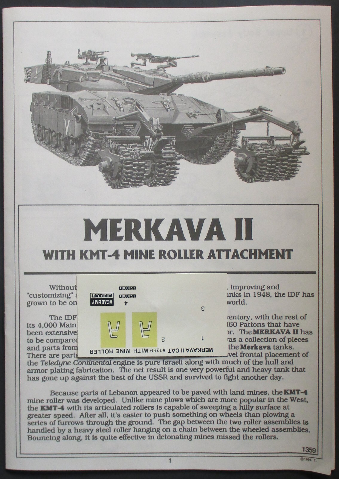 ACADEMY 1/35 Scale IDF MERKAVA Mk II - Decals from Kit No. 1359 | eBay