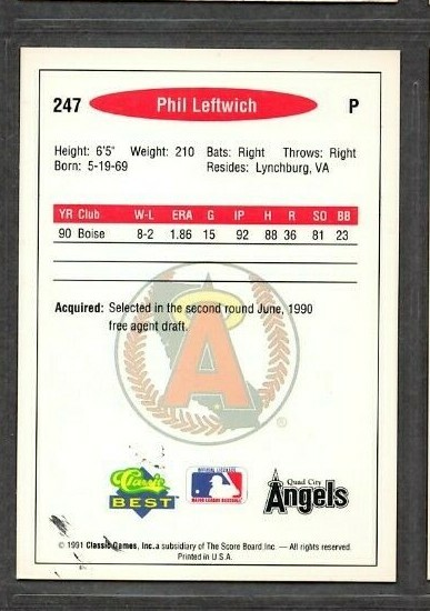 1991 Classic #247 Phil Leftwich Quad City Angels Baseball Signed ...