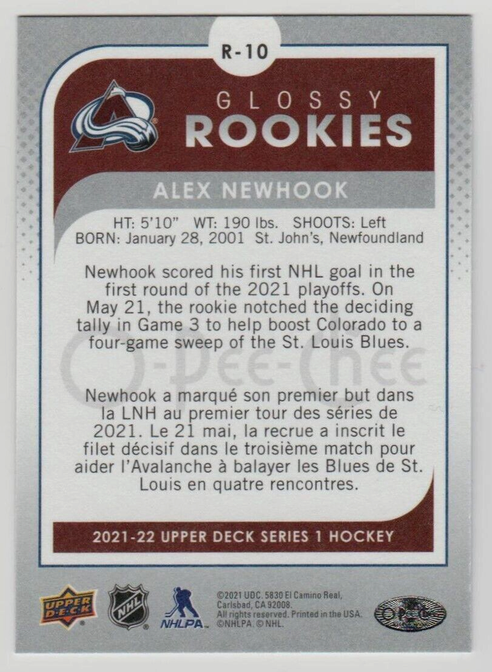 ALEX NEWHOOK SILVER RC 21-22 OPC GLOSSY ROOKIES CARD # R-10 AVALANCHE ...