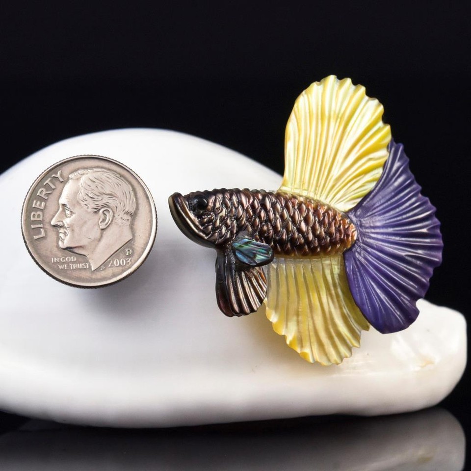 Siamese Betta Fighting Fish Iridescent Multicolor Shell Carving 4.17 g ...