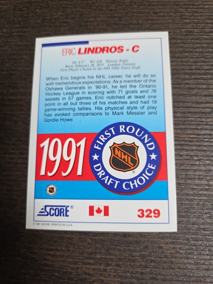 1991 Score Hockey Eric Lindros First Round Draft Choice, X Rookie Card ...