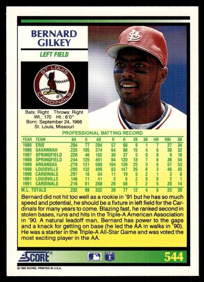 1992 Score Baseball Card Bernard Gilkey St. Louis Cardinals #544 | eBay