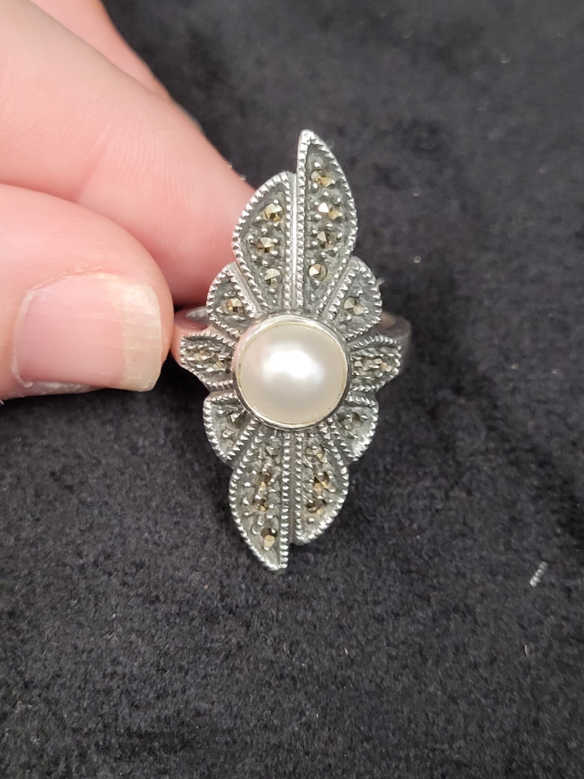 Judith Jack Sterling Vintage Pearl and Marcasite Ring - Gem