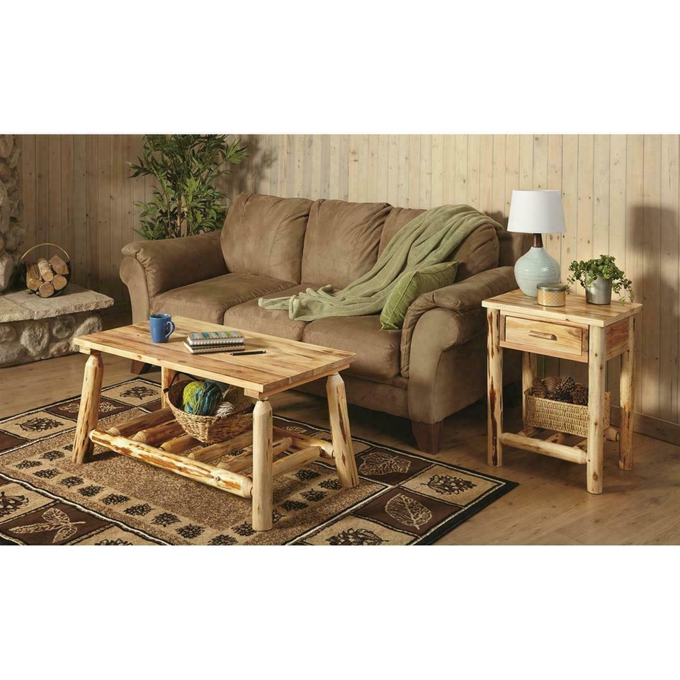 Wood Farmhouse End Table Rustic Cabin Side Drawer Log Nightstand ...