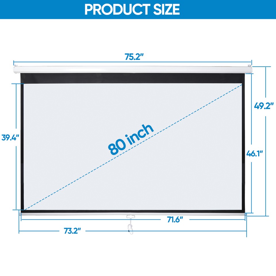 Projector Screen 80 Inch 16:9 HD Projection Screen Manual Pull Down ...