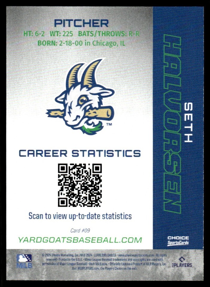 2024 Seth Halvorsen Minor League Rookie Hartford Yard Goats Colorado ...