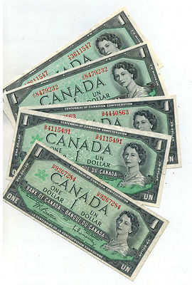 Canada 1954 & 1967 Centennial $ 1 Banknotes Mixed Lot Of 5 Beattie ...