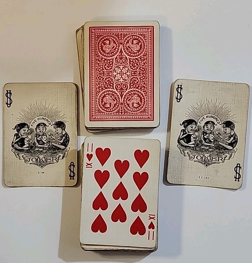 No. 500 Playing Cards 62 cards + 2 Joker Pre WWI w/box red well played ...