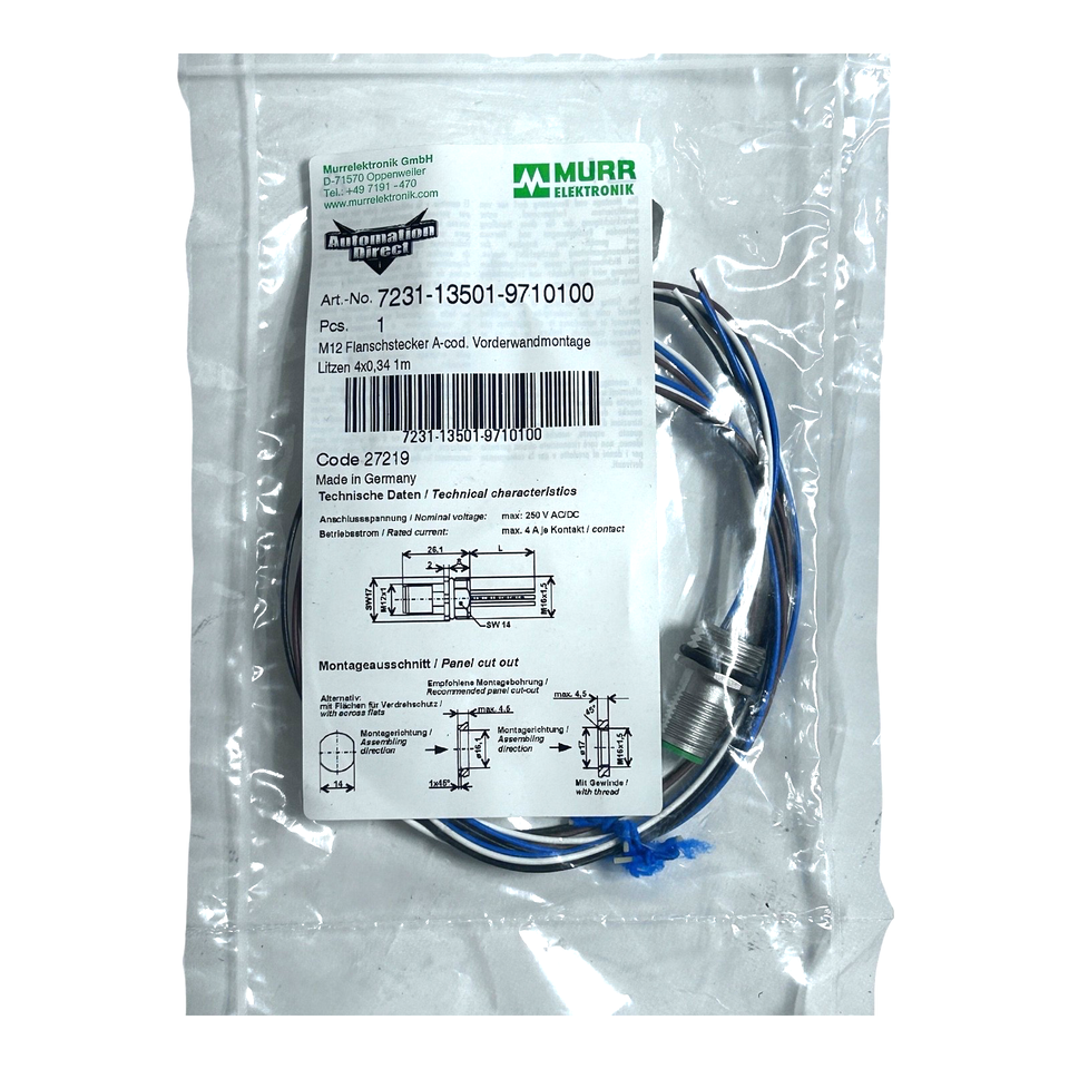 4 MURR ELEKTRONIK 7231-13501-9710100 M12 4-Pin Bulkhead Connector 3 ...