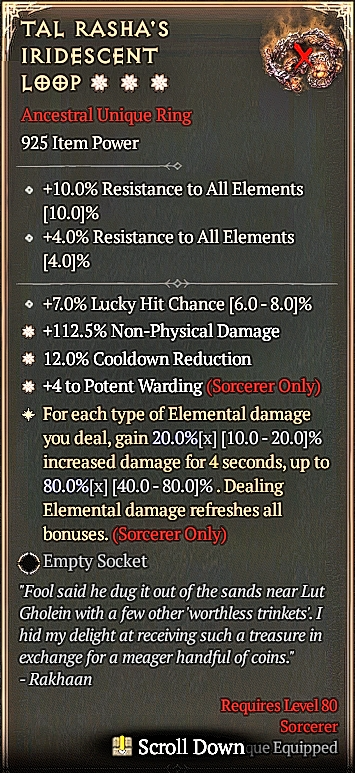 🔥DIABLO 4 SEASON 5 3GA Unique Items TAL RASHA'SIRIDESCENTLOOP 80 effect ...