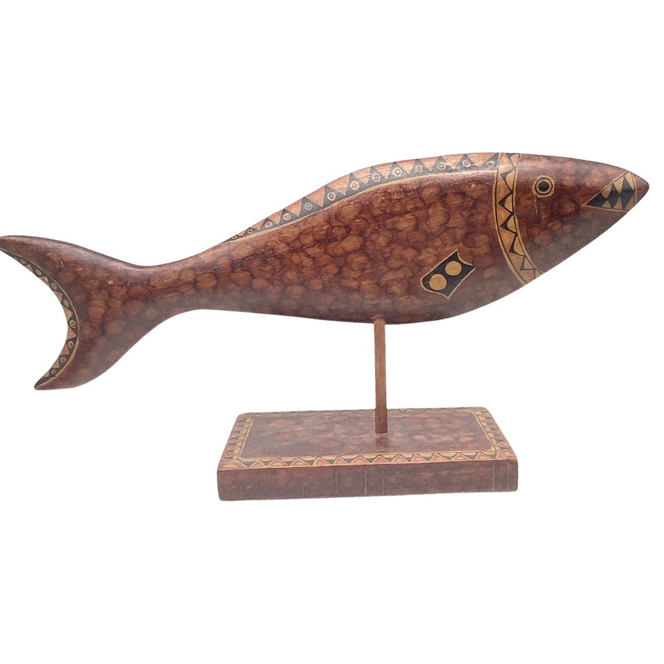 Folk Art Carved and Painted Whimsical Wooden Fish On Display Stand ...