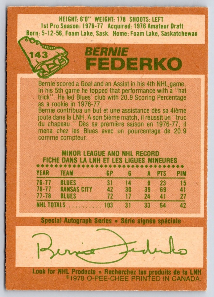 BERNIE FEDERKO RC 1978-79 O-PEE-CHEE 78-79 NO 143 NRMINT+ 56851 | eBay