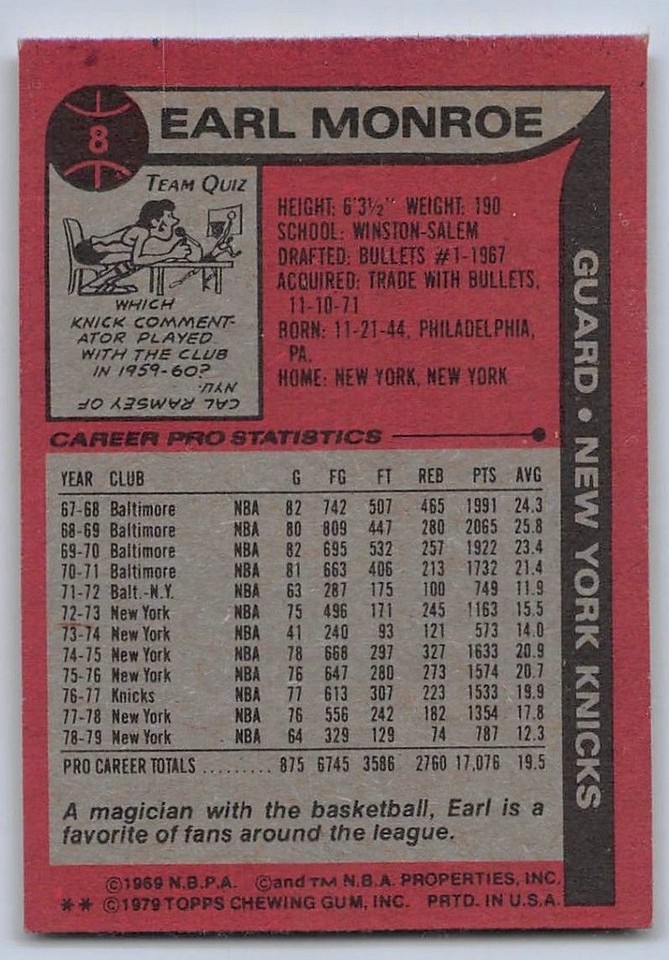 1979-80 - EARL MONROE - Topps Basketball Card # 8 - NEW YORK KNICKS | eBay