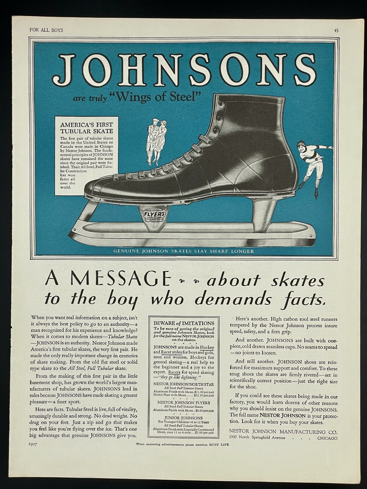 Original 1927 Ice Skating Ad, Johnson's Wings of Steel, Flyers, Winter ...