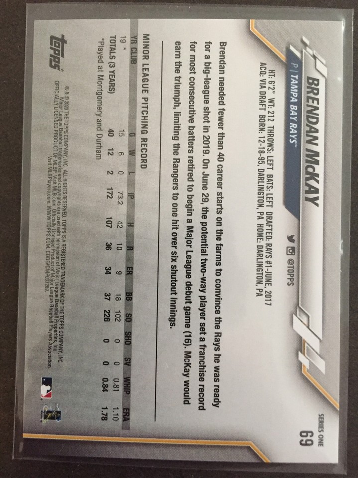 🔥 2020 Topps Series 1 **Brendan McKay** *Rookie Card* **Tampa Bay Rays ...