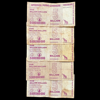 5x Zimbabwe $5 Billion Special Agro Cheque Banknote Check *Heavily ...