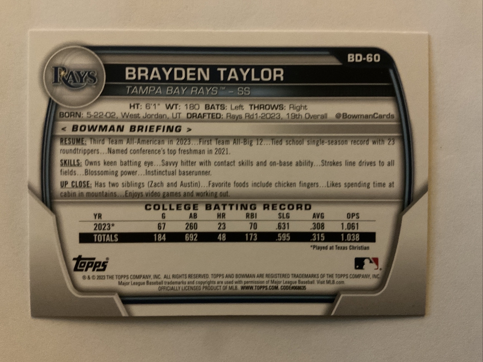 2023 Bowman Draft BRAYDEN TAYLOR 1st Bowman Card RC Tampa Bay RAYS #BD ...