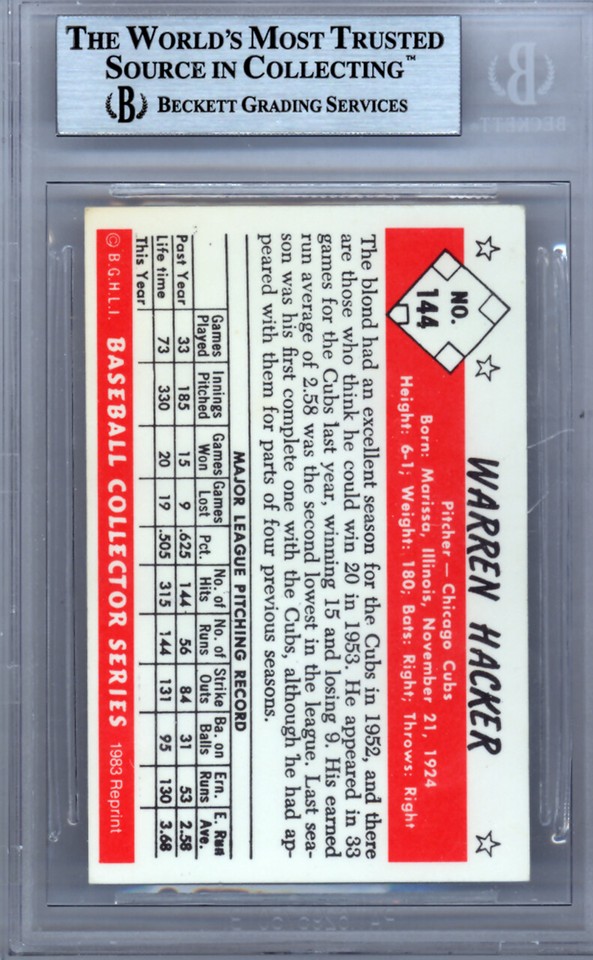 Warren Hacker Autographed 1953 Bowman Reprint Card #144 Cubs Beckett ...