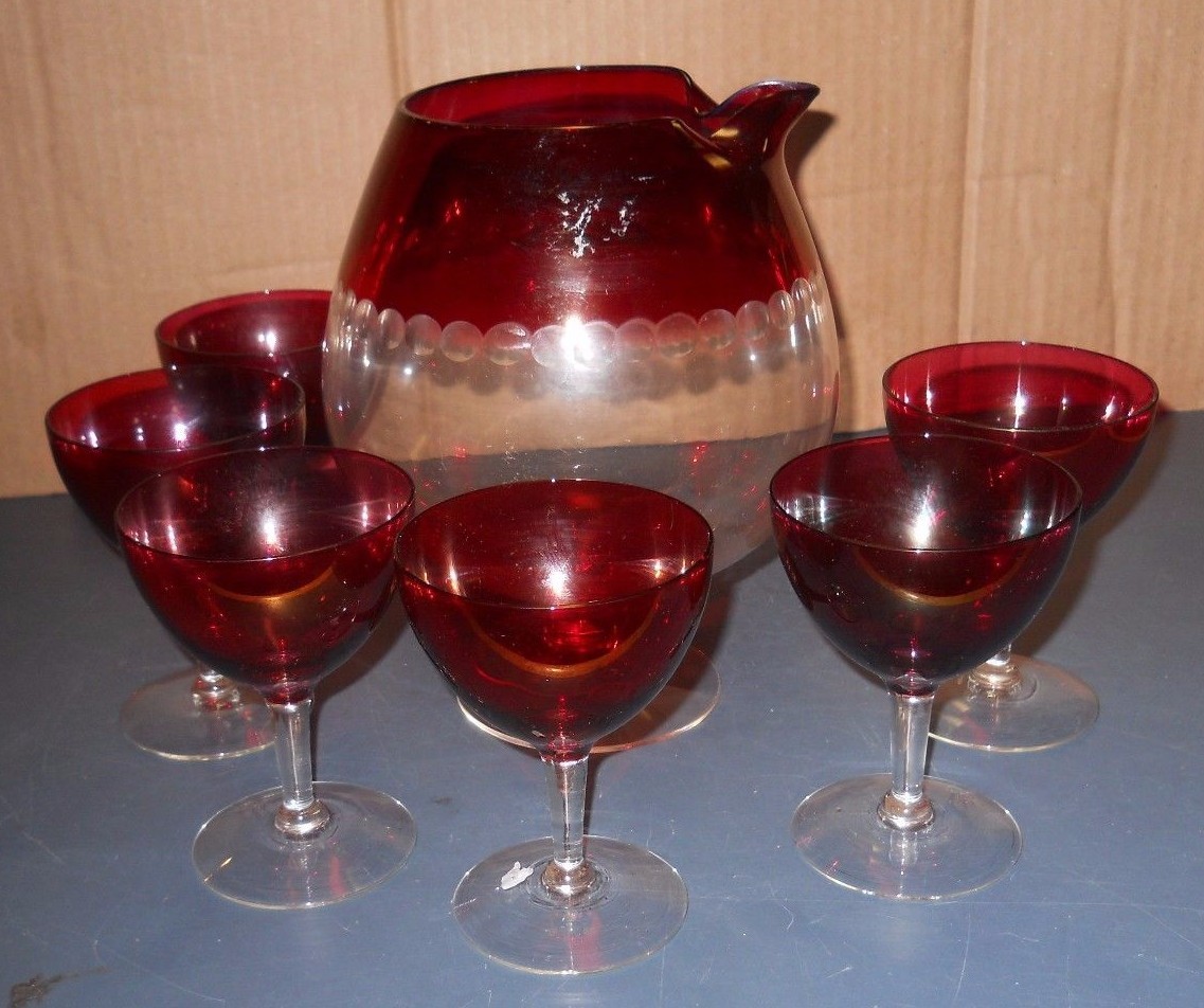 WEST VIRGINIA GLASS BRANDY SNIFFER COGNAC RUBY RED CLEAR 7 PC SET | eBay