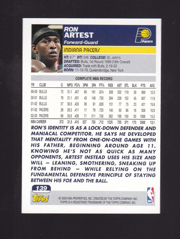 2003-04 Topps Ron Artest #139 Indiana Pacers | eBay