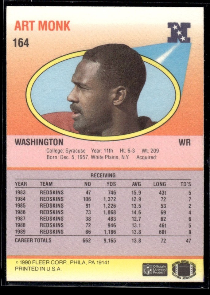 1990 Fleer Art Monk Washington Redskins #164 | eBay