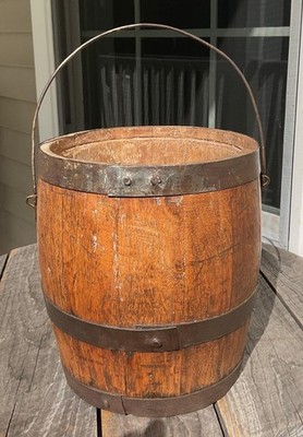 Large Antique Prim Wooden Paint/Pail/Barrel Bucket Metal Bands Swing ...
