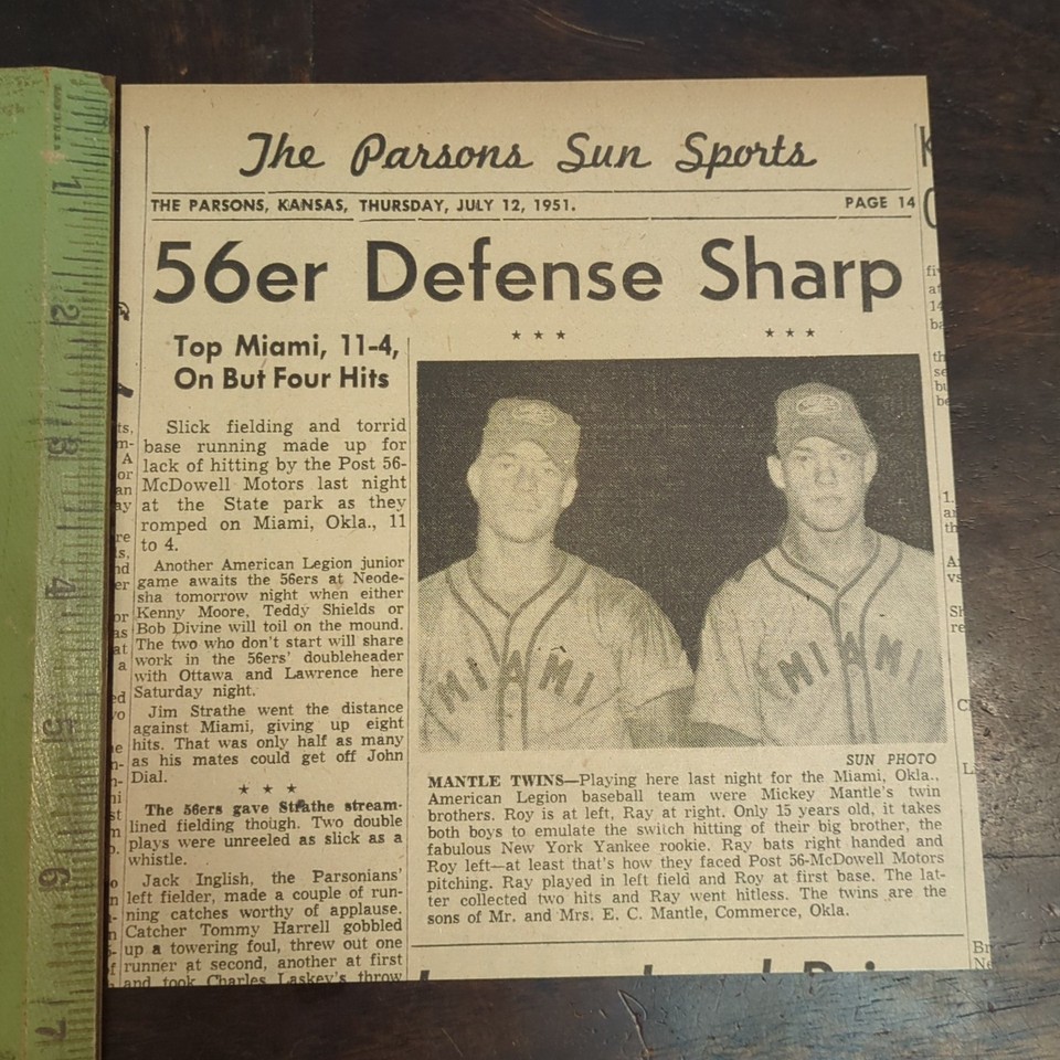1951 Ray & Roy Mantle Mickey's Twin Brothers Miami Oklahoma Newspaper ...