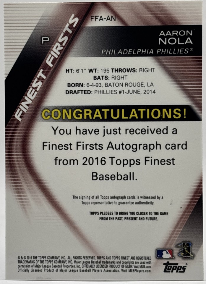 2016 Topps Finest - Aaron Nola - Finest Firsts Auto Rookie RC Phillies ...
