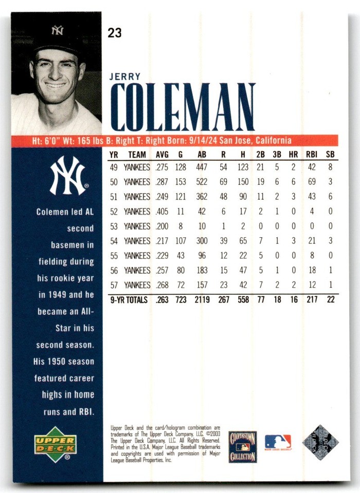2000 UPPER DECK YANKEES LEGENDS JERRY COLEMAN NEW YORK YANKEES #23 | eBay