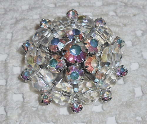 Vintage AB Crystal Bead & Rhinestone Cluster Brooch Pin Rivets Silver ...