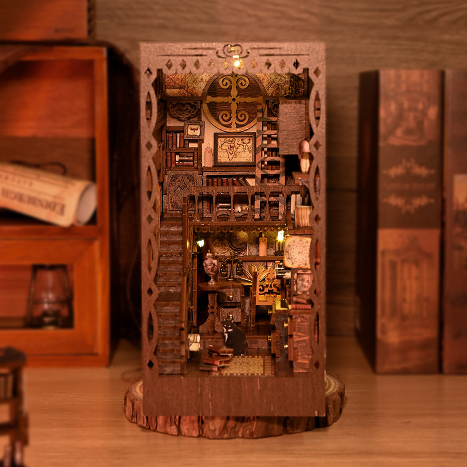 DIY Book Nook Kit 3D Wooden Puzzle Bookshelf Insert Decor Sensor Light ...