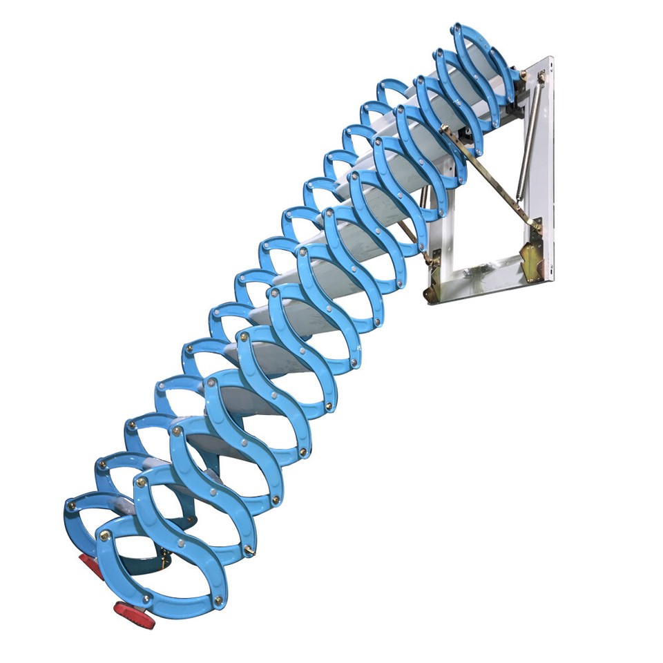 Wall-Mounted Folding Ladder 14Steps Retractable Attic Ladder w/Armrests ...
