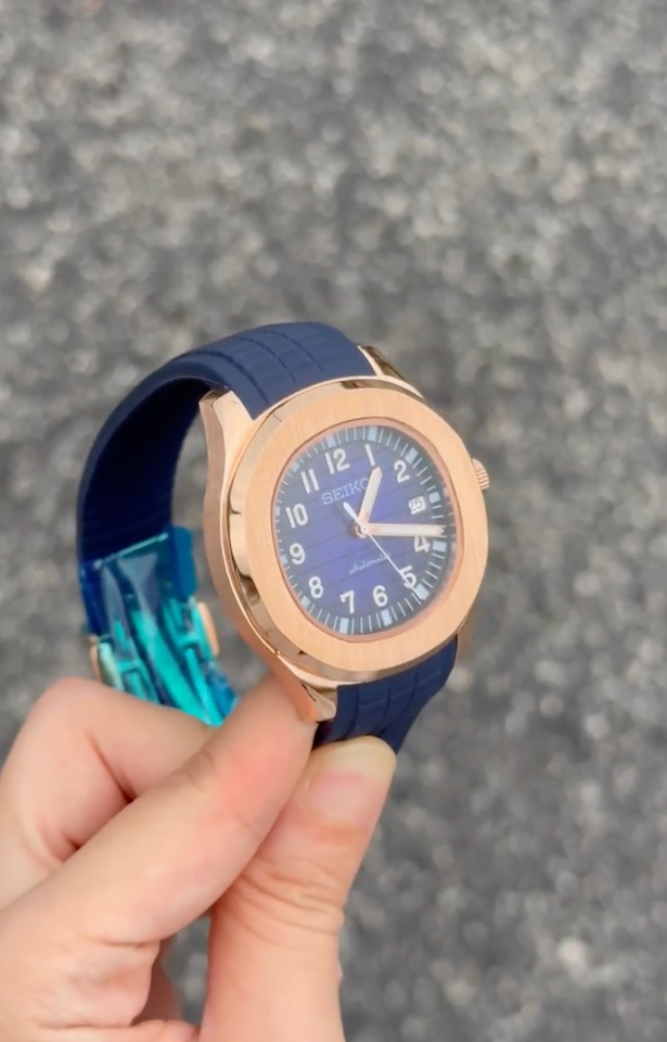 Seikmod Nautilus Style | Blue Grid Dial | Rose Gold Aut NH35 | Sapphire ...