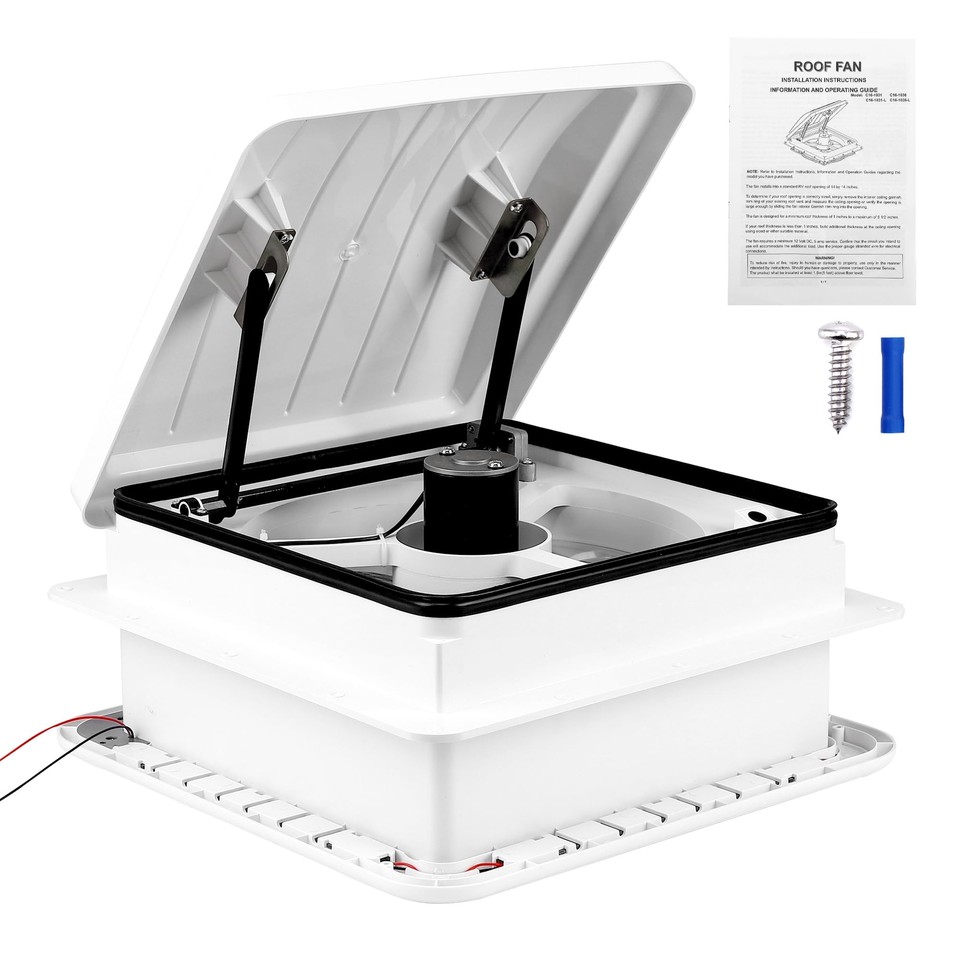 ~14” RV Roof Vent Fan 4Speed Reversible 12V RV Bathroom Fan Deluxe Open ...