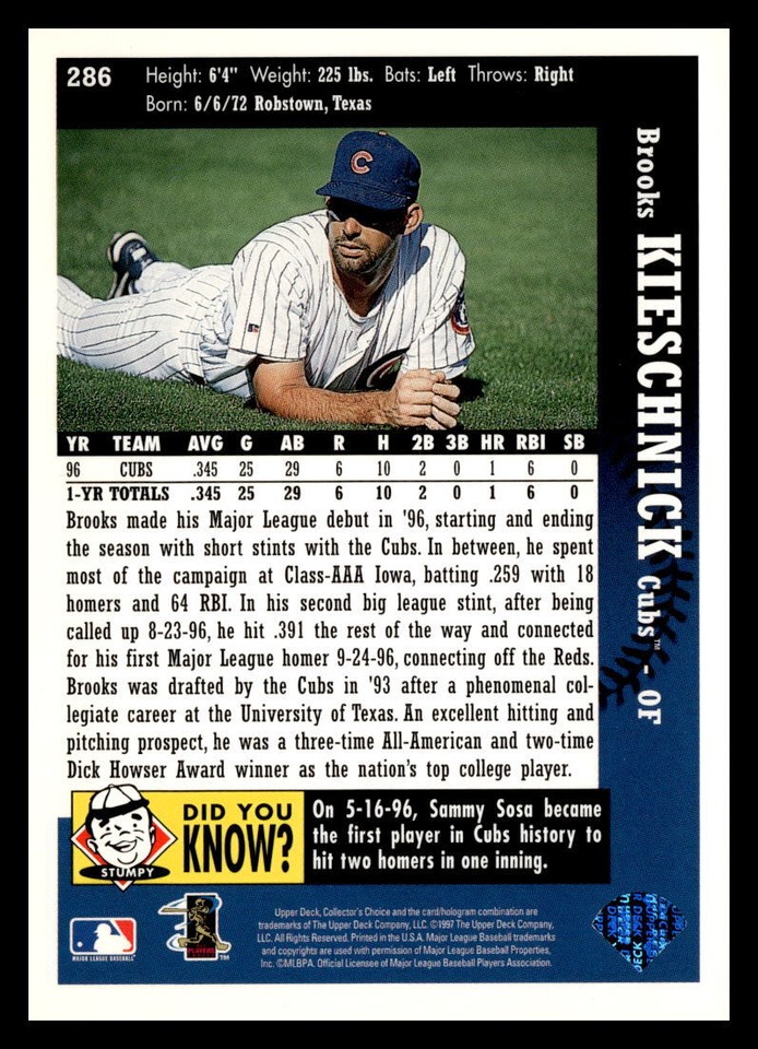 1997 Collector's Choice #286 Brooks Kieschnick Chicago Cubs Baseball ...