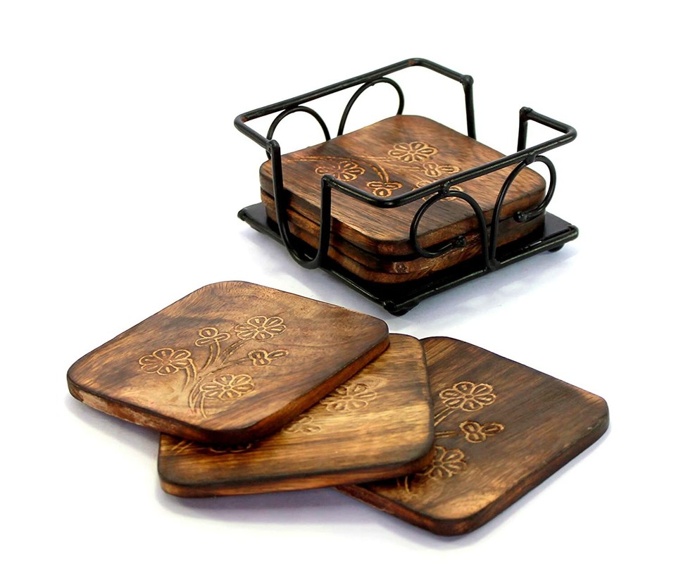 Wooden Table Coaster Set of 6 for Tea Cups/Coffee Mugs, with Wrought ...